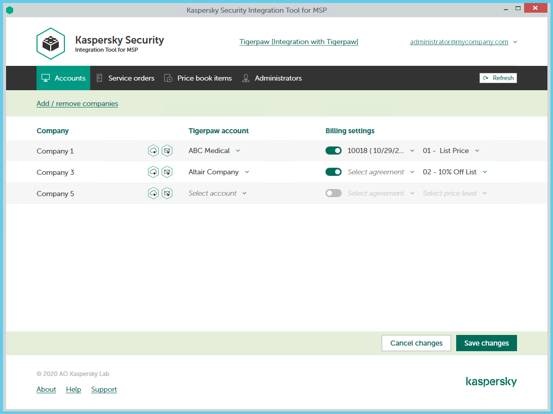 Interface of Kaspersky Security Integration with Tigerpaw