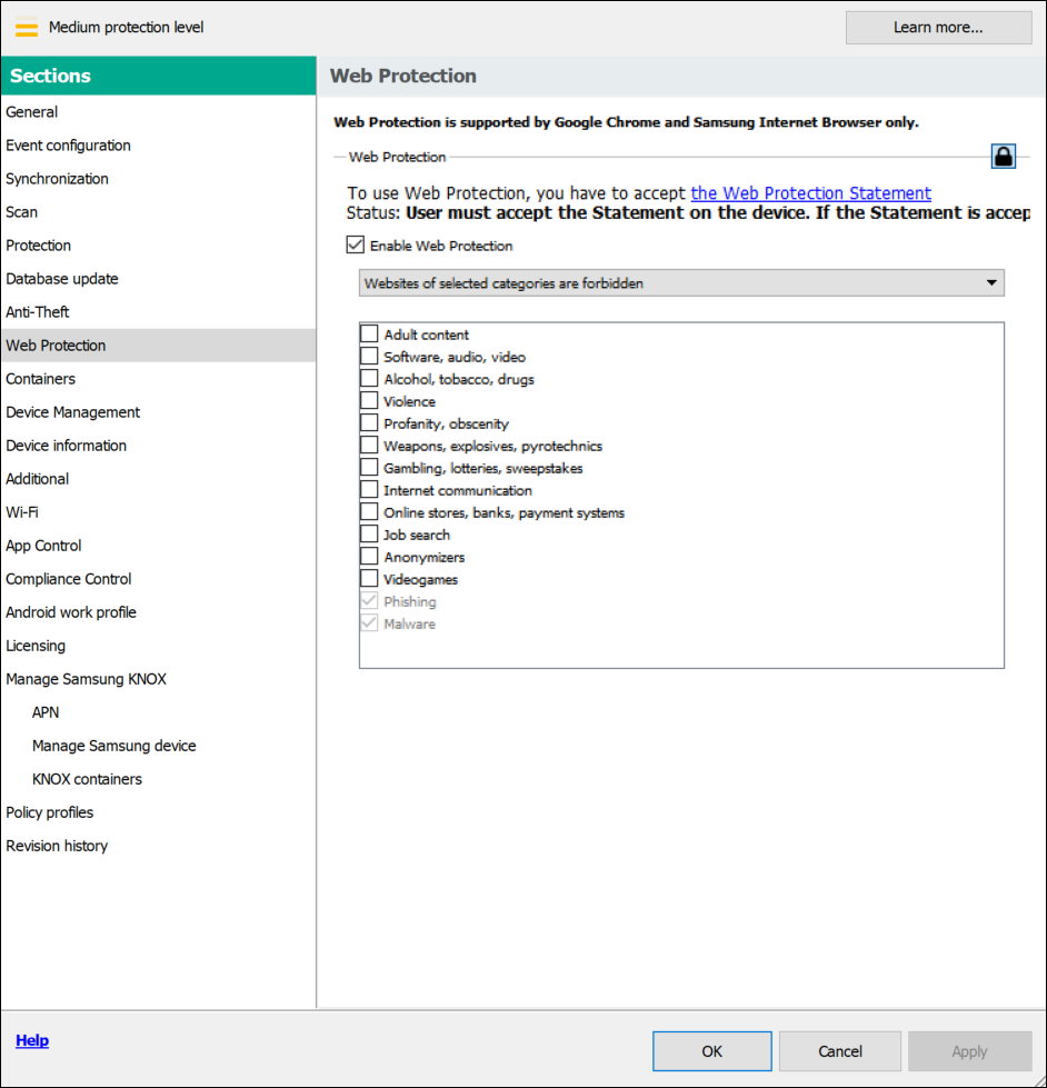 Configuring access to websites on Android devices