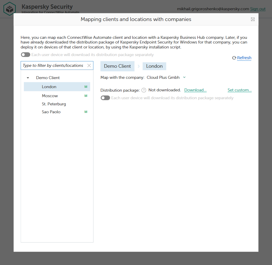 Configuring the mapping of ConnectWise Automate clients and locations ...