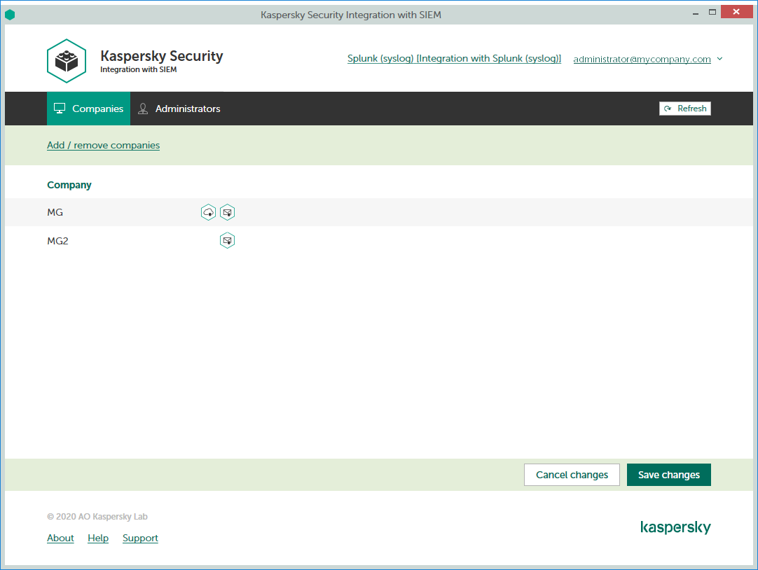 Interface of Kaspersky Security Integration for SIEM