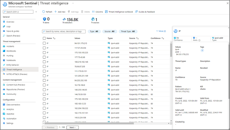 Configuration of Kaspersky Threat Data Feeds in Microsoft Sentinel