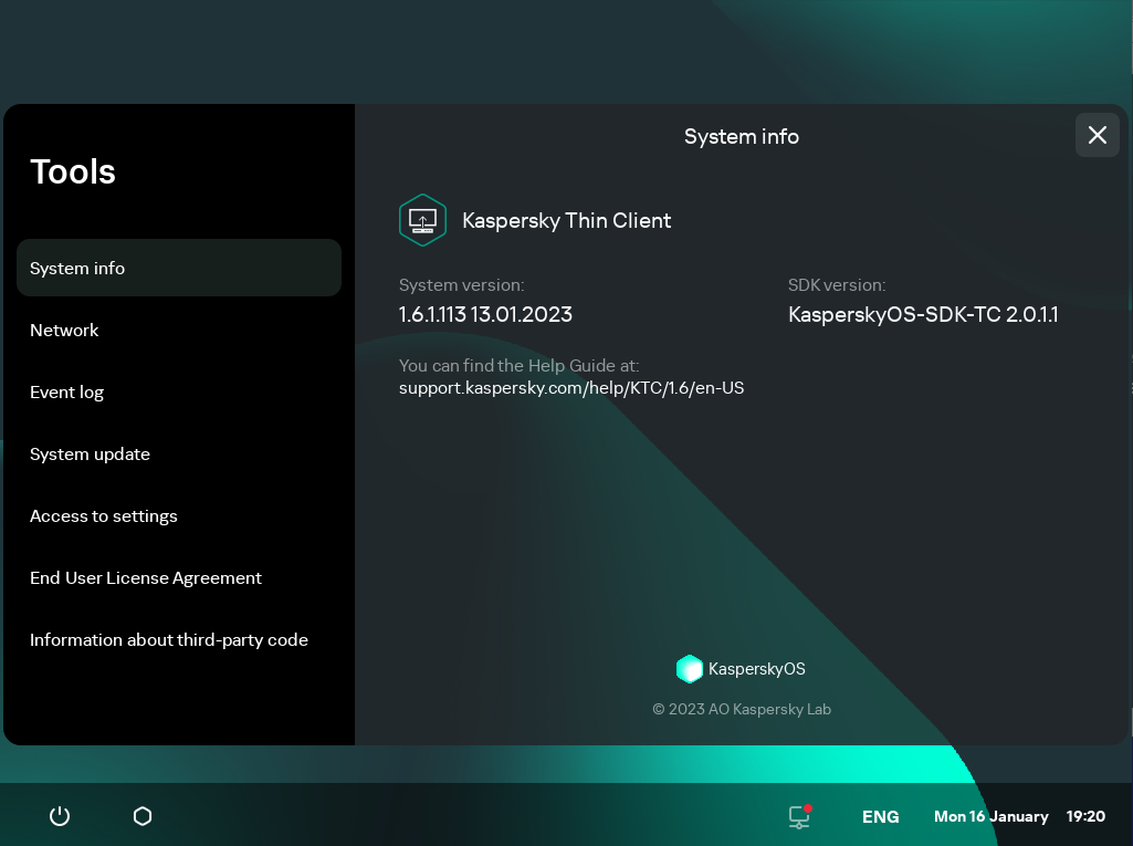 Viewing information about Kaspersky Thin Client